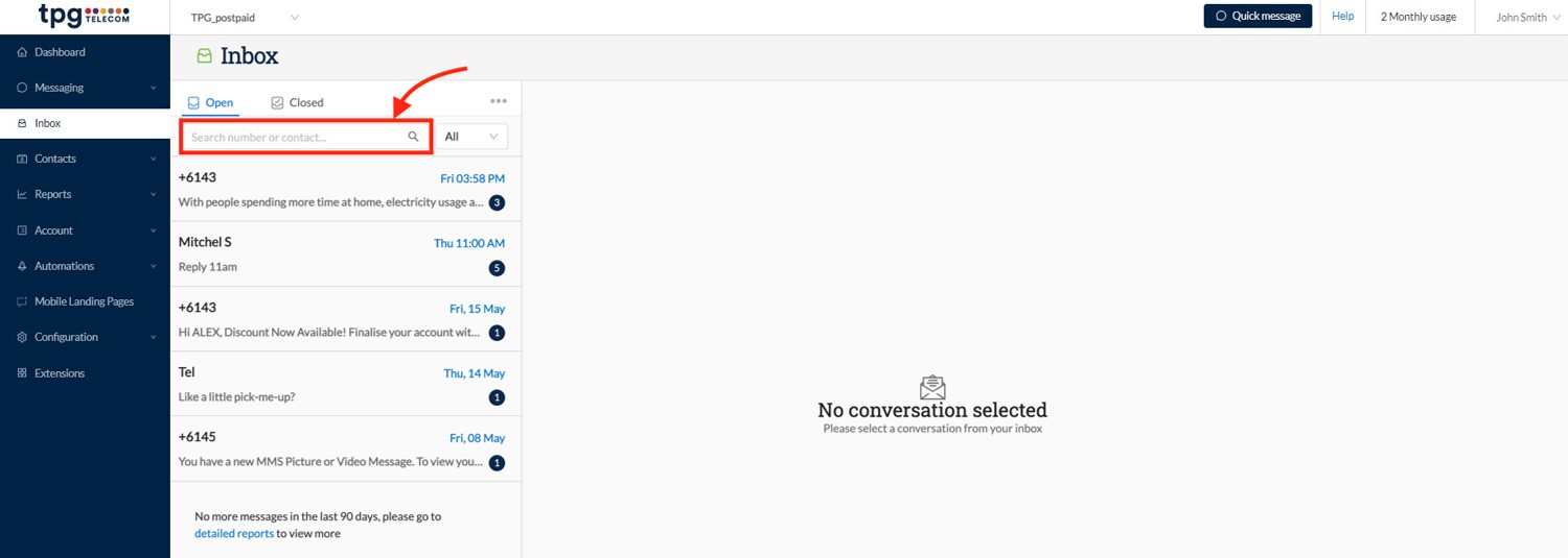 Can I search for specific numbers and contacts in the inbox? – TPG ...