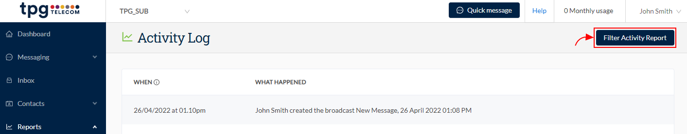 Activity Log – TPG Telecom Messaging Hub