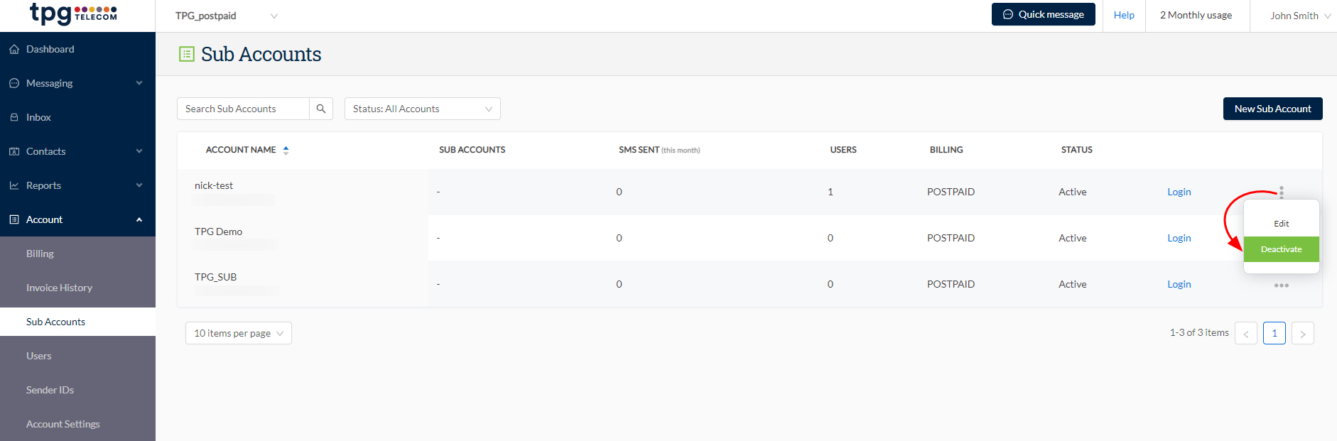 How do I deactivate a sub-account? – TPG Telecom Messaging Hub